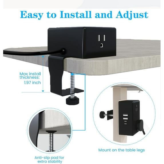 XUERUI-PD20W Desk Clamp Power Strip, Desktop Mount Surge Protector ...