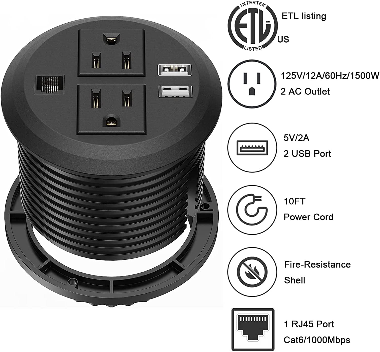 XUERUI-Power Grommet 3 Inch for Desktop, Recessed Desk Outlet with 2USB ...