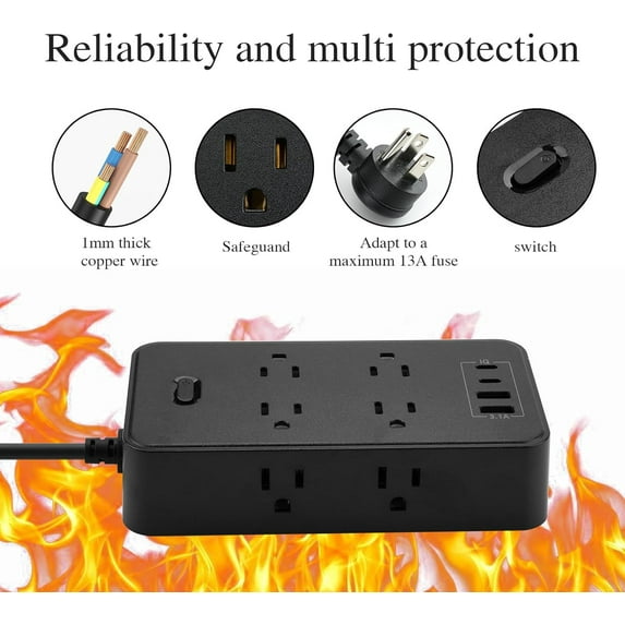XUERUI-Power Strip, 6-Foot Surge ProtectorExtension Cord with Multiple ...