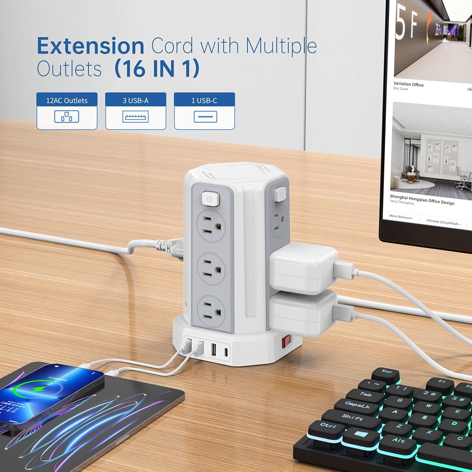 XUERUI-Power Strip Surge Protector, 10 Ft Extension Cord with 12 AC ...