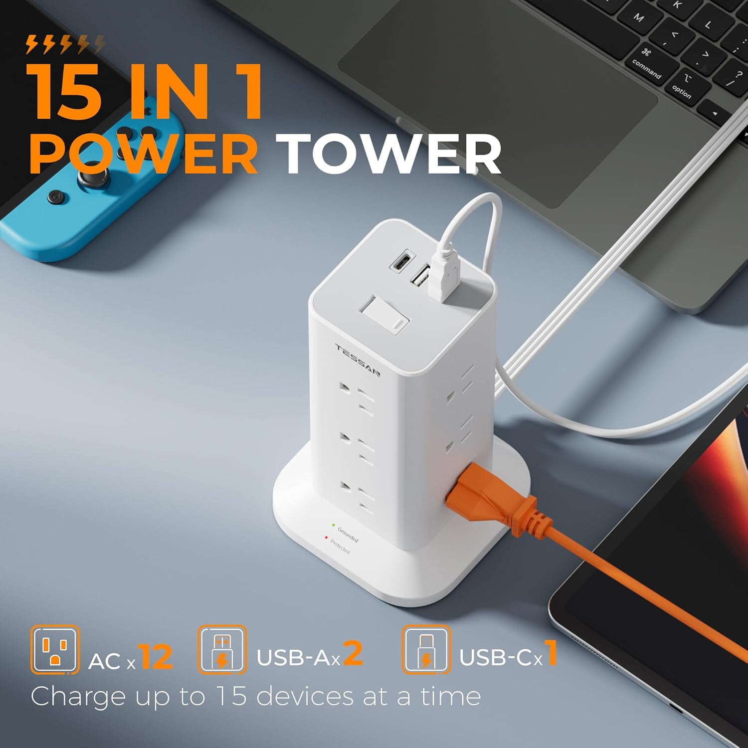 XUERUI-Power Strip Tower with Surge Protector, Flat Plug Extension Cord ...