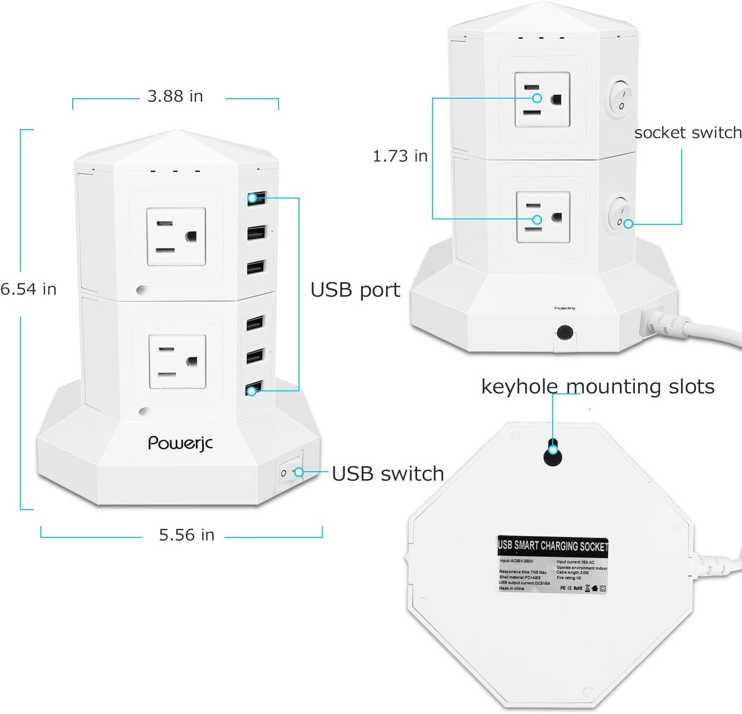 XUERUI-Power Strip USB Surge Protector Tower 8 AC Outlets with 6 USB ...