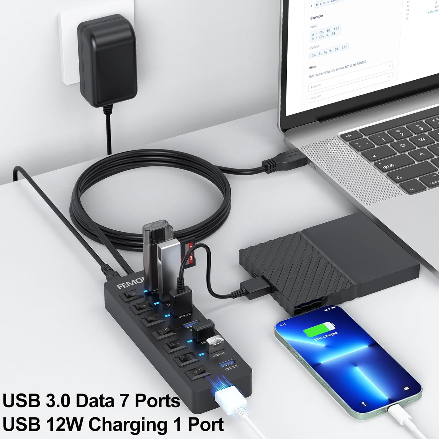 XUERUI-Powered USB Hub 3.0, 5Gbps Data Transfer 7 Ports and 12W ...