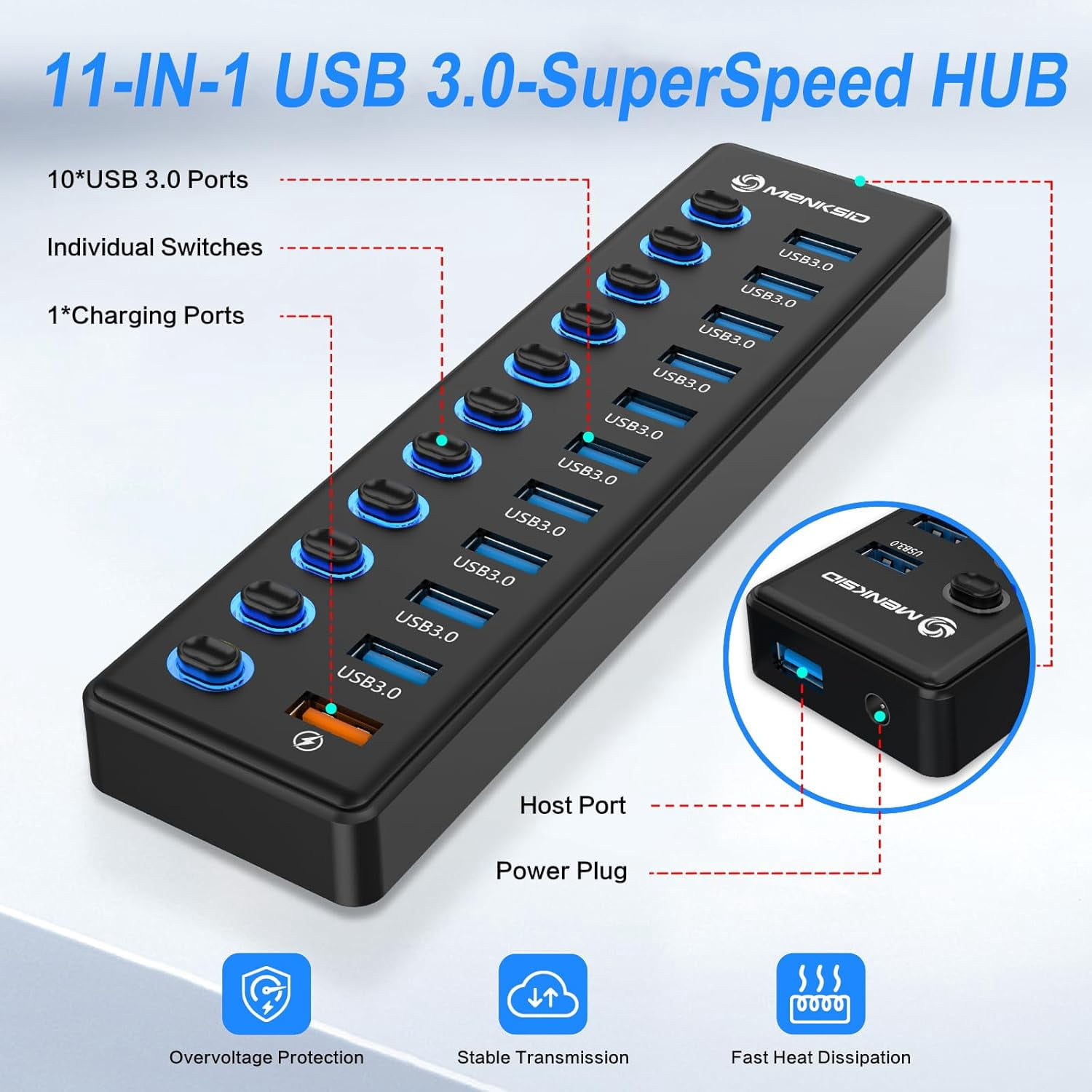 XUERUI-Powered USB Hub, MENKSID 11-Port USB Hub, 10 USB 3.0 Data ...