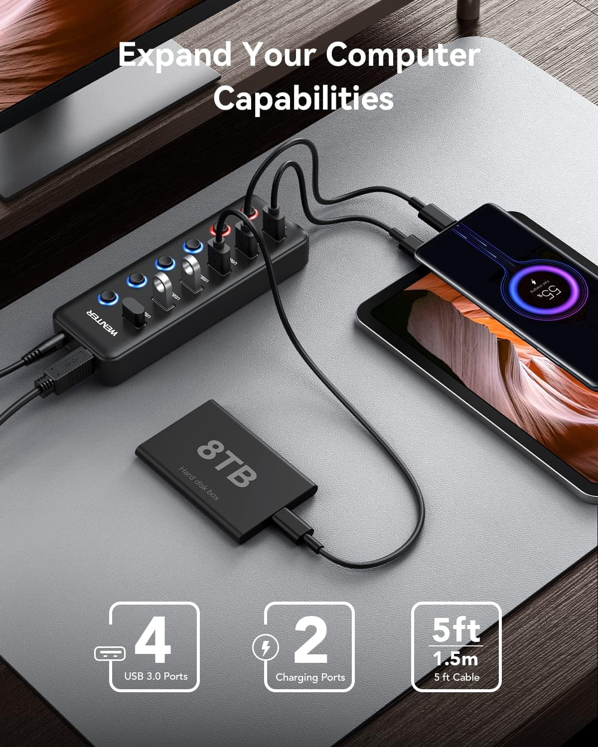 XUERUI-Powered USB Hub, Wenter 6-Port USB 3.0 Hub Splitter (4 USB 3.0 ...