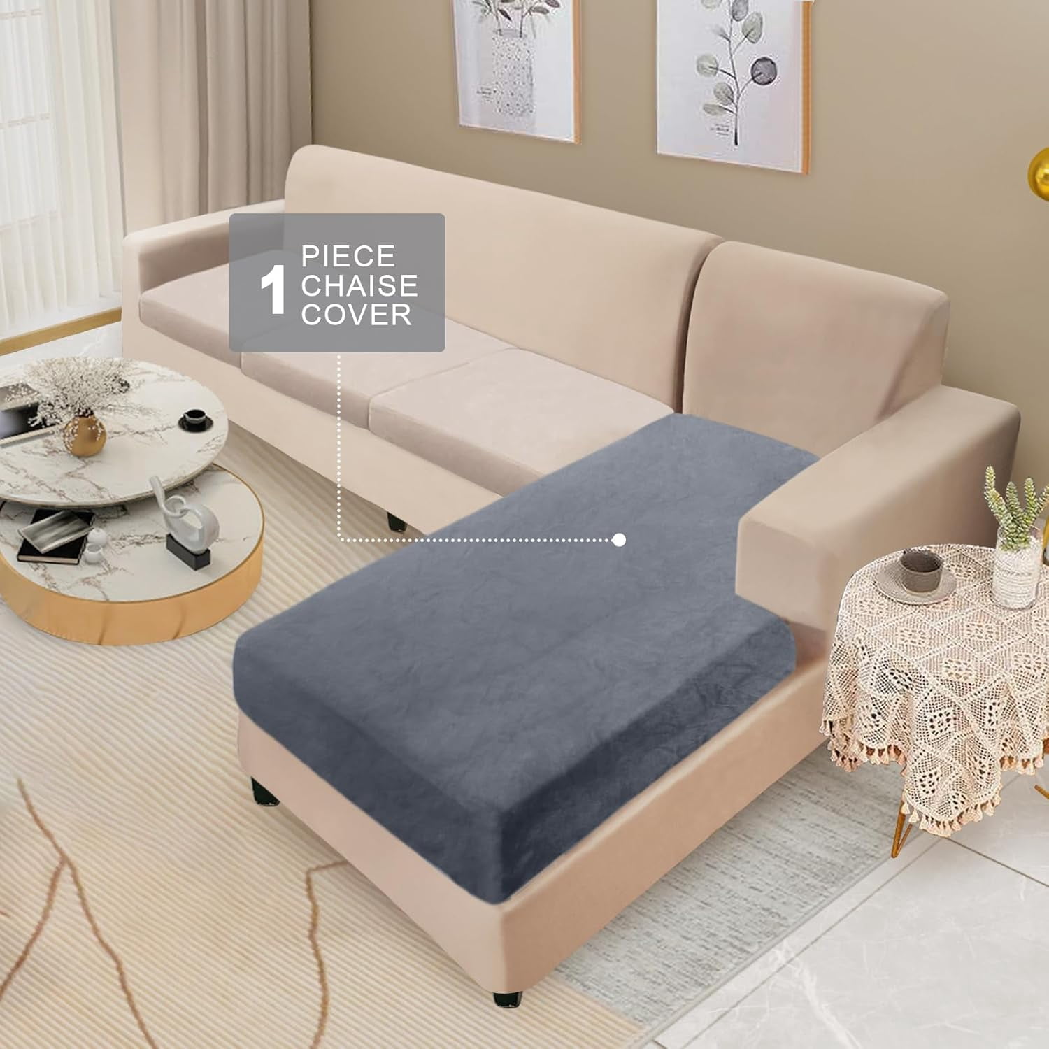 XUERUI-Sectional Couch Cover 1 Piece Velvet Separate Chaise Lounge ...