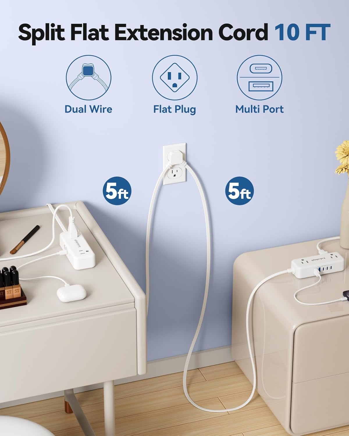 XUERUI-Split Extension Cord 10FT (5FT on Each Side), Single Flat Plug ...