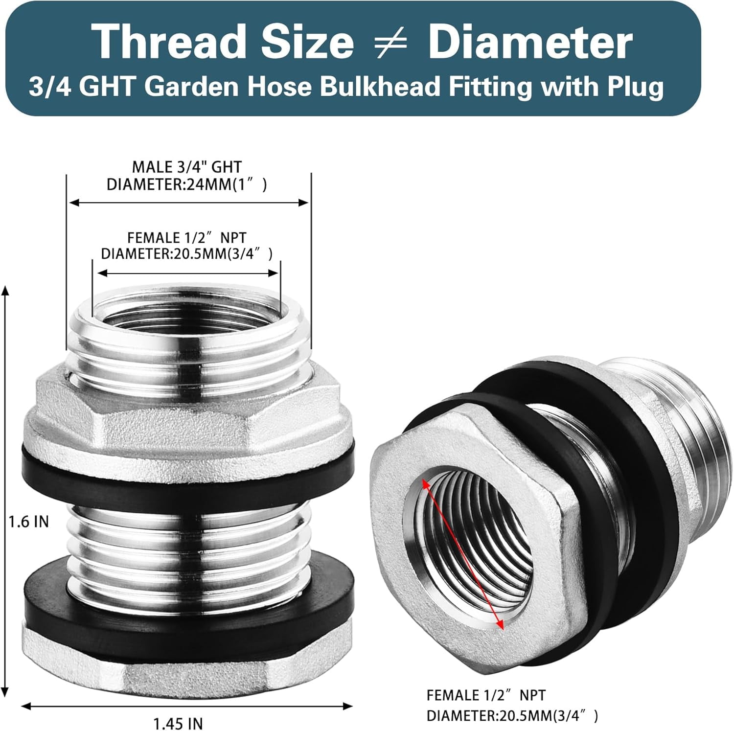 XUERUI-Stainless Steel 304 Tank Bulkhead Fitting With 2 Rubber Ring ...
