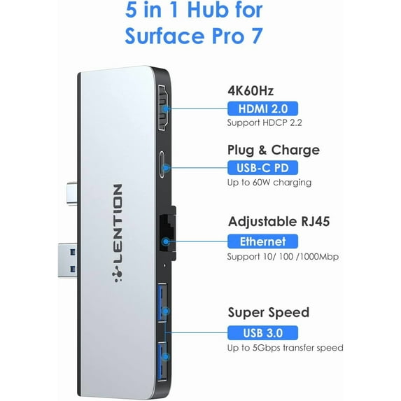 XUERUI-Surface Pro 7 USB C Hub Docking Station,5-in-1 Surface Pro 7 Hub ...