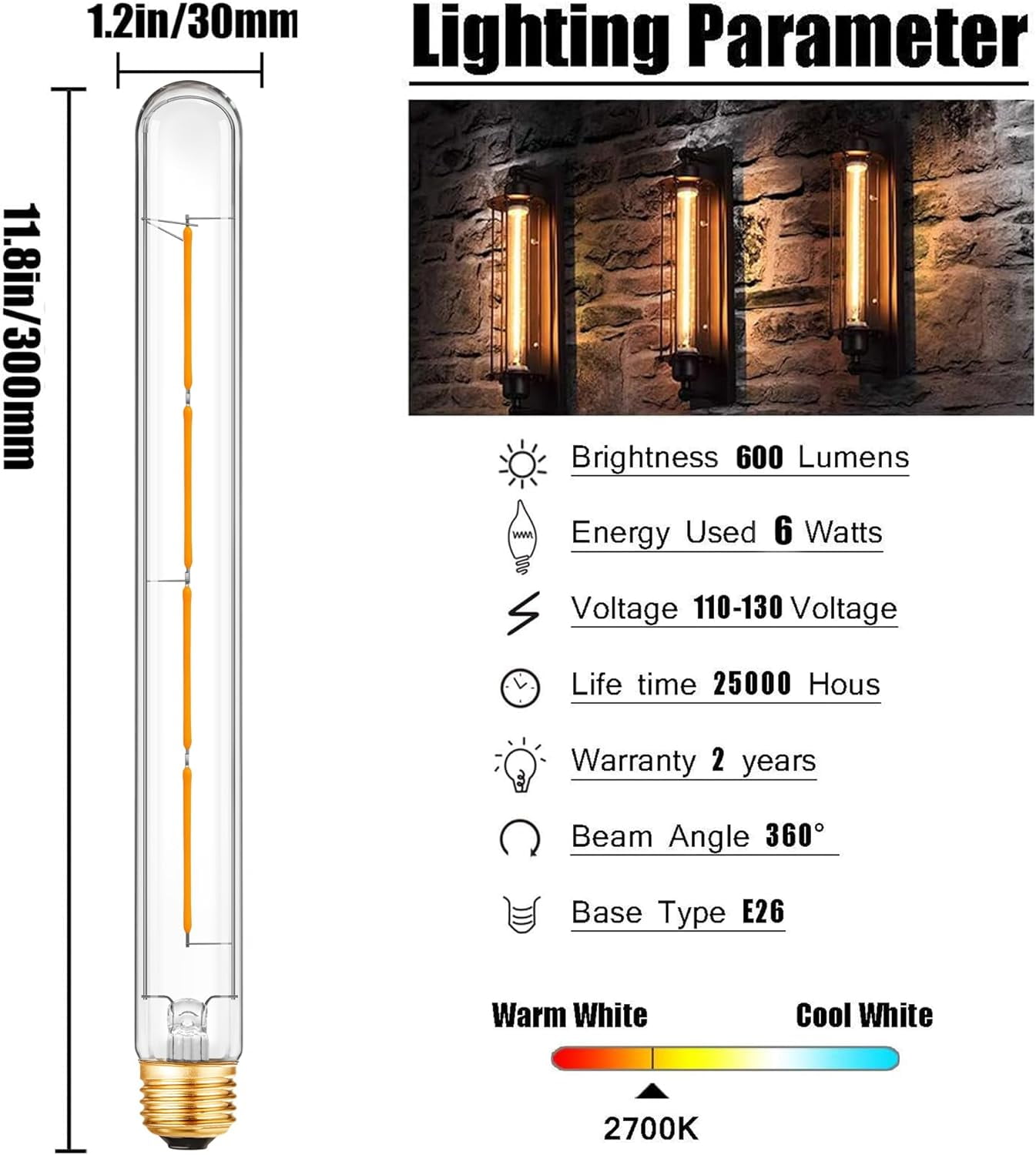 XUERUI-T300 Led Bulb, 11.8 Inch Long Tubular Led Light Bulbs, 100Watt ...