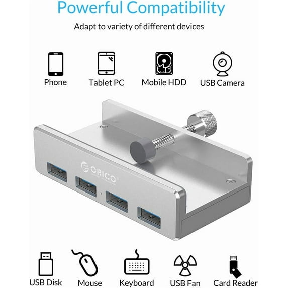 XUERUI-USB 3.0 Hub Clamp Adapter, Aluminum 4-Port USB Splitter with ...