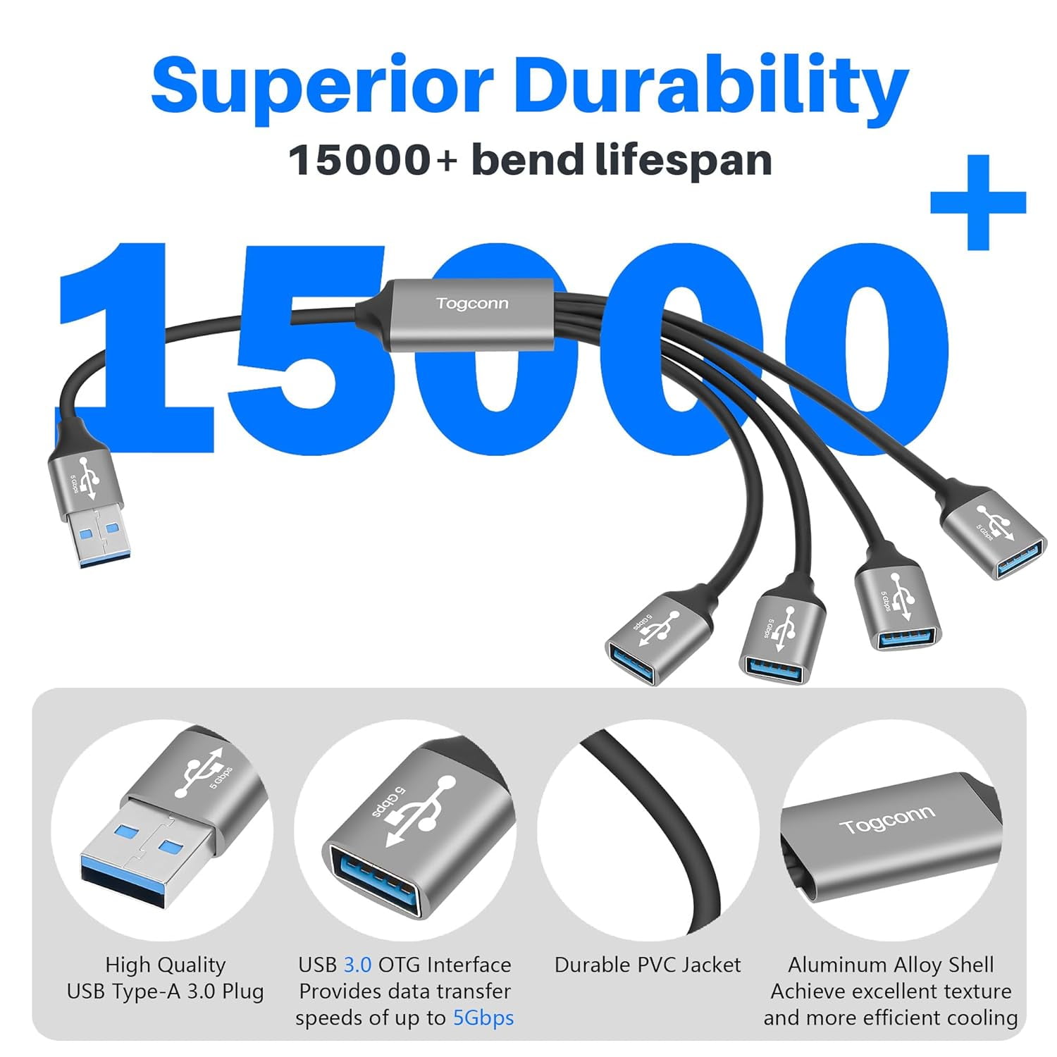 XUERUI-USB 3.0 Splitter 1-In-4 Out Y-Adapter Cable 1Feet, 5Gbps USB-A 3 ...