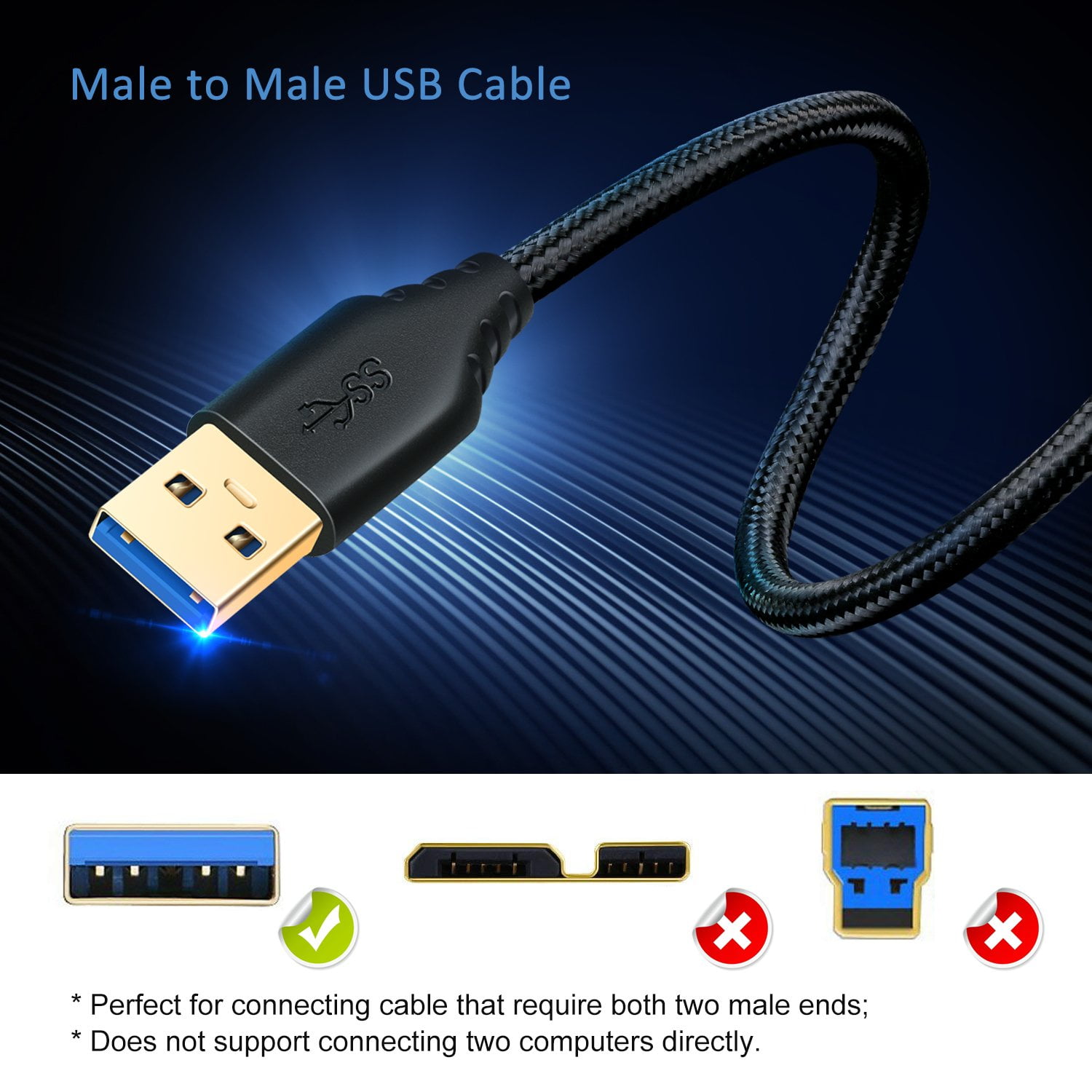 XUERUI-USB 3.0 Type A Male to Male Cable - 2-Pack 3FT/1M Braided USB ...