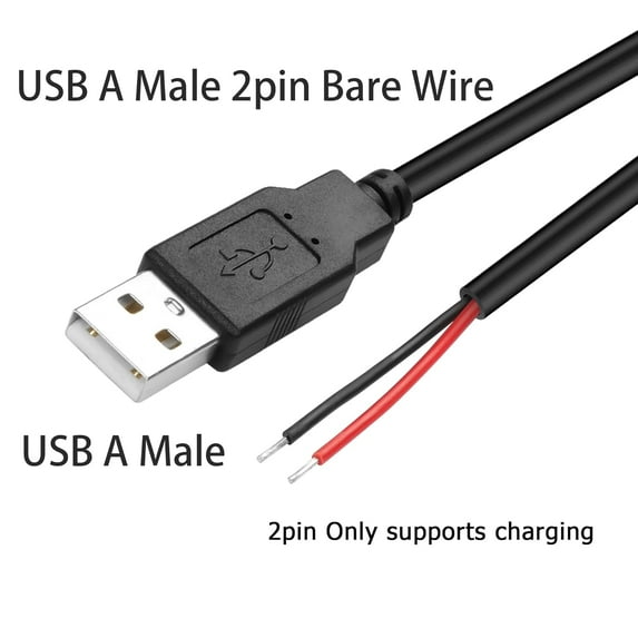 XUERUI-USB A 2 Pin Bare Wire Extension Cable, 22AWG 5V 3A, USB 2.0 Male ...