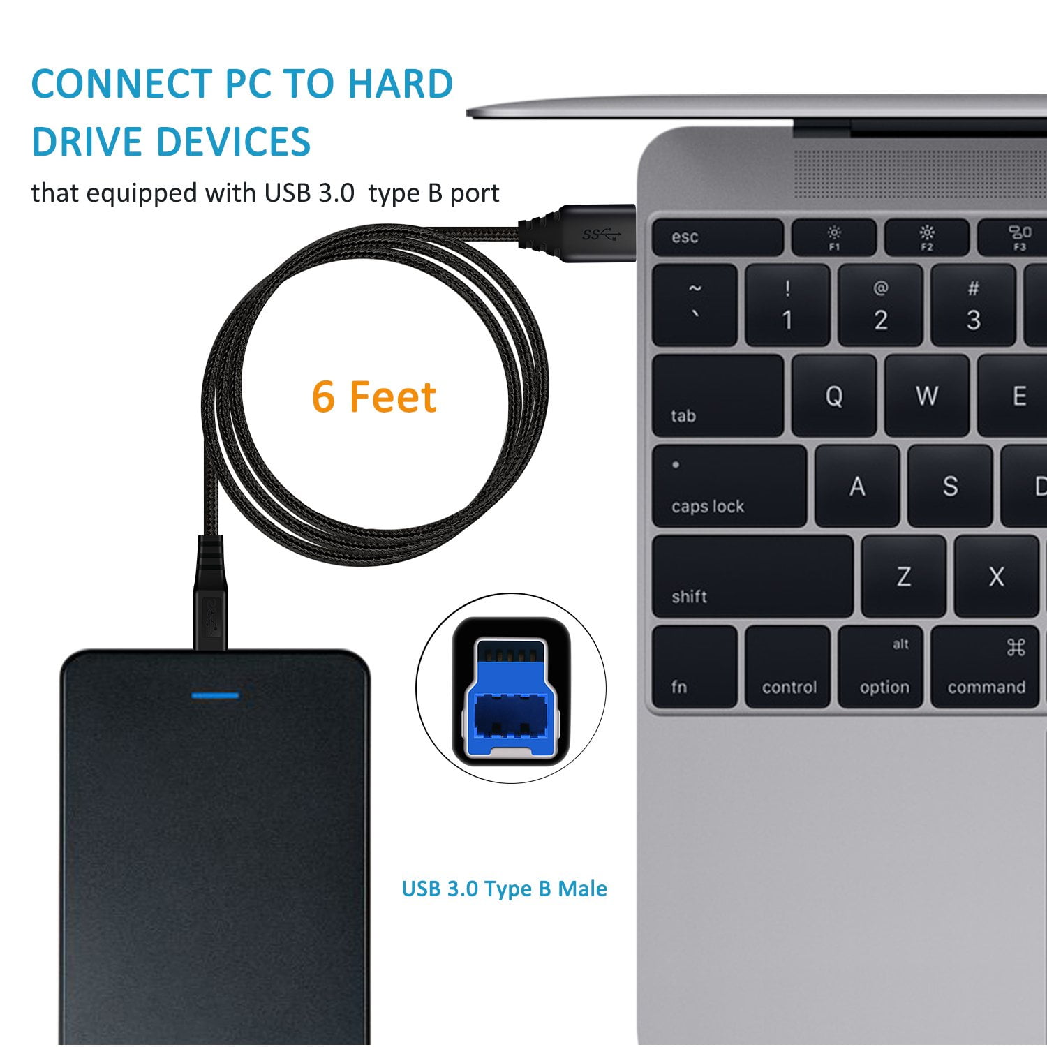 XUERUI-USB A to B Cable 6Ft,USB 3.0 A Male to Type B Male Braided Cord ...