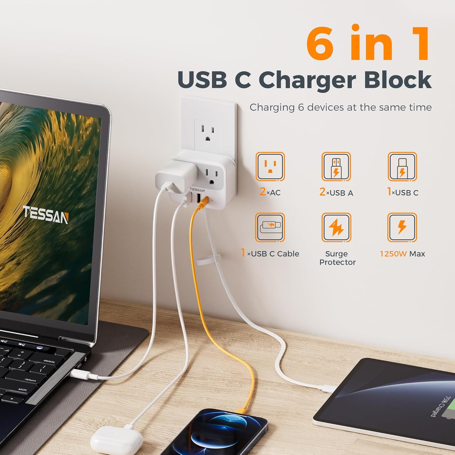 XUERUI-USB C Charger Block, Multi Plug Wall Outlet Extender with USB C ...