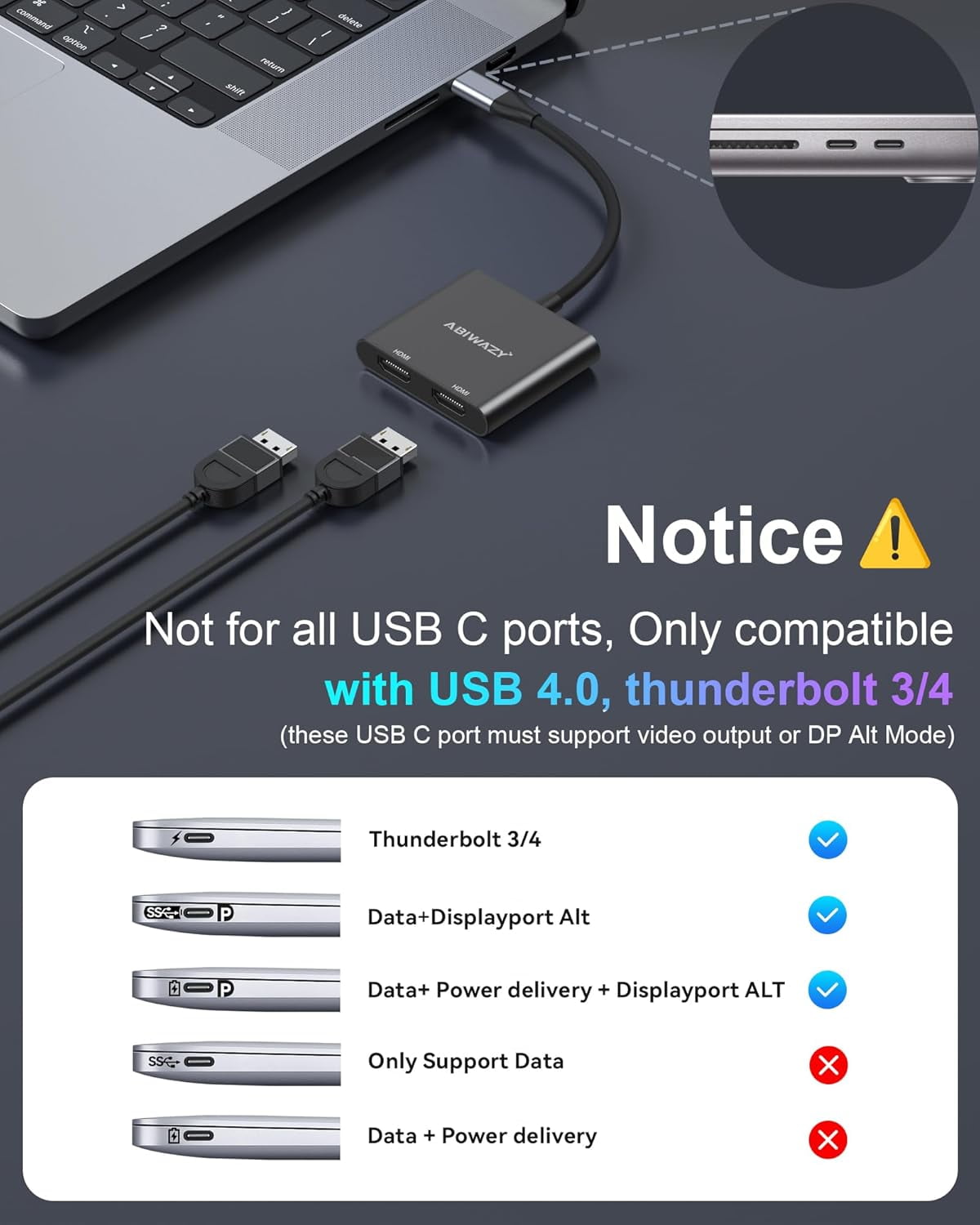 XUERUI-USB C to Dual HDMI Adapter 4K@60Hz, HDMI Splitter for Dual ...