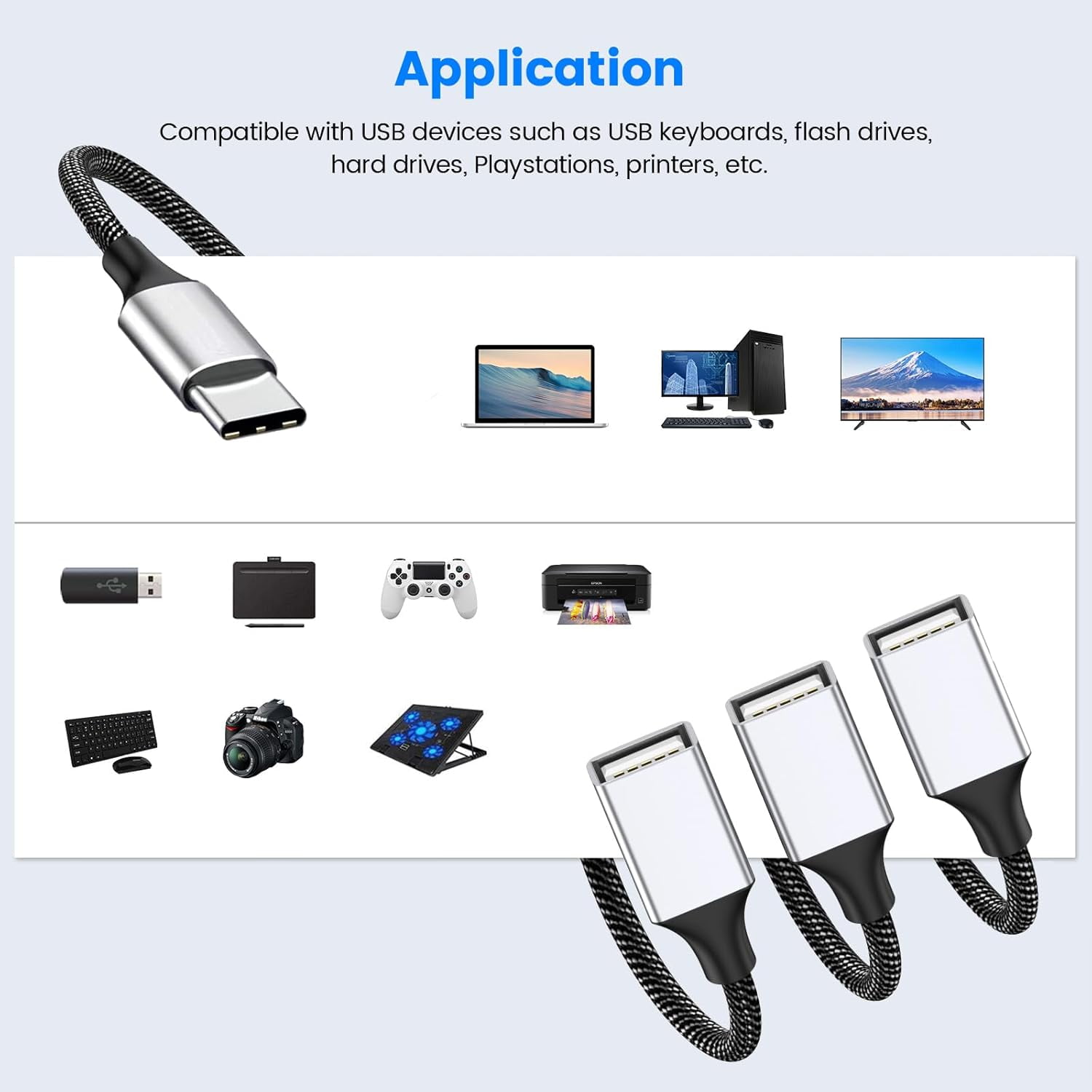 XUERUI-USB C Male to 3USB Female Y Cable, Type C to 3USB Charger ...
