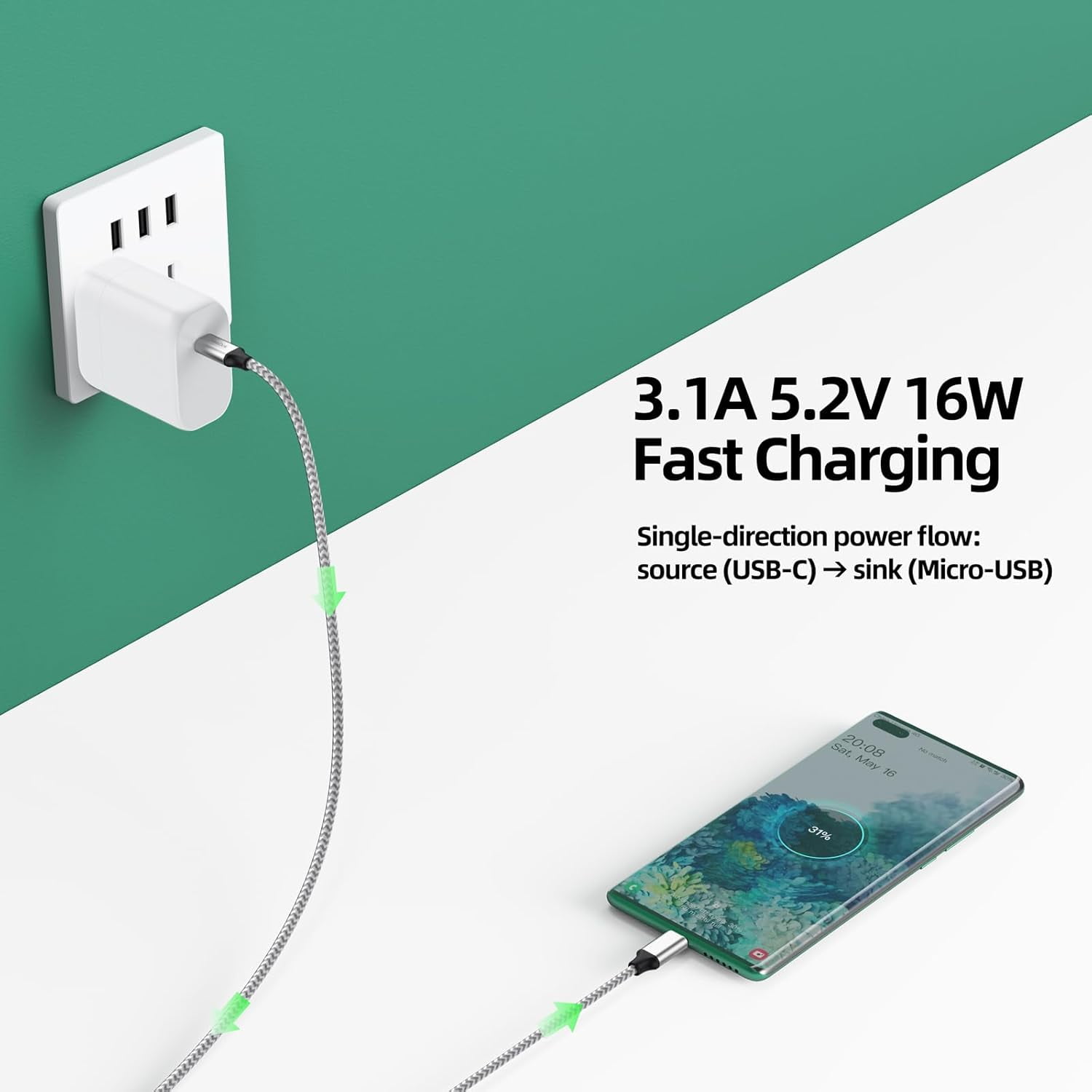 XUERUI-USB C to Micro USB Cable 10ft, MicroUSB to USB Type C Braided ...
