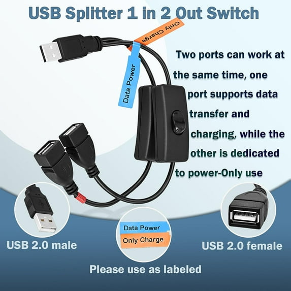 XUERUI-USB Splitter 1 in 2 Out Switch, 1 Ft USB A On/Off Switch Charger ...