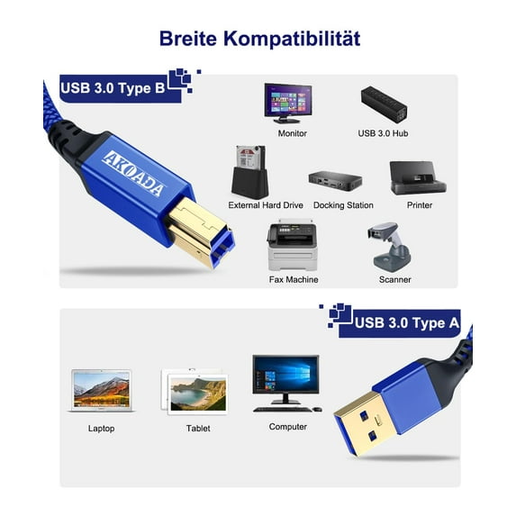 XUERUI-USB A to USB B 3.0 Cable (10FT), Durable Nylon Braided Type A to ...