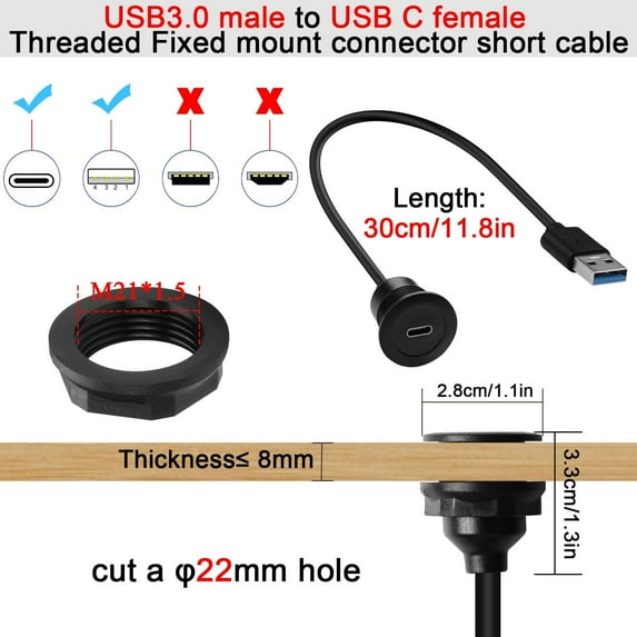 XUERUI-USB3.0 to USB C Embedded Mount Adapter Short Cable 5Gbps USB3.0 ...
