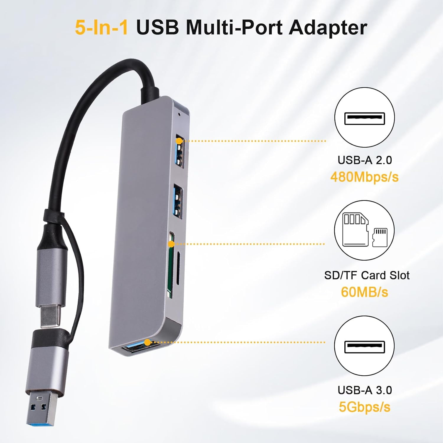XUERUI-Ultra Slim USB-C Hub, 5-in-1 Adapter with 3 USB-A Ports, SD/TF ...