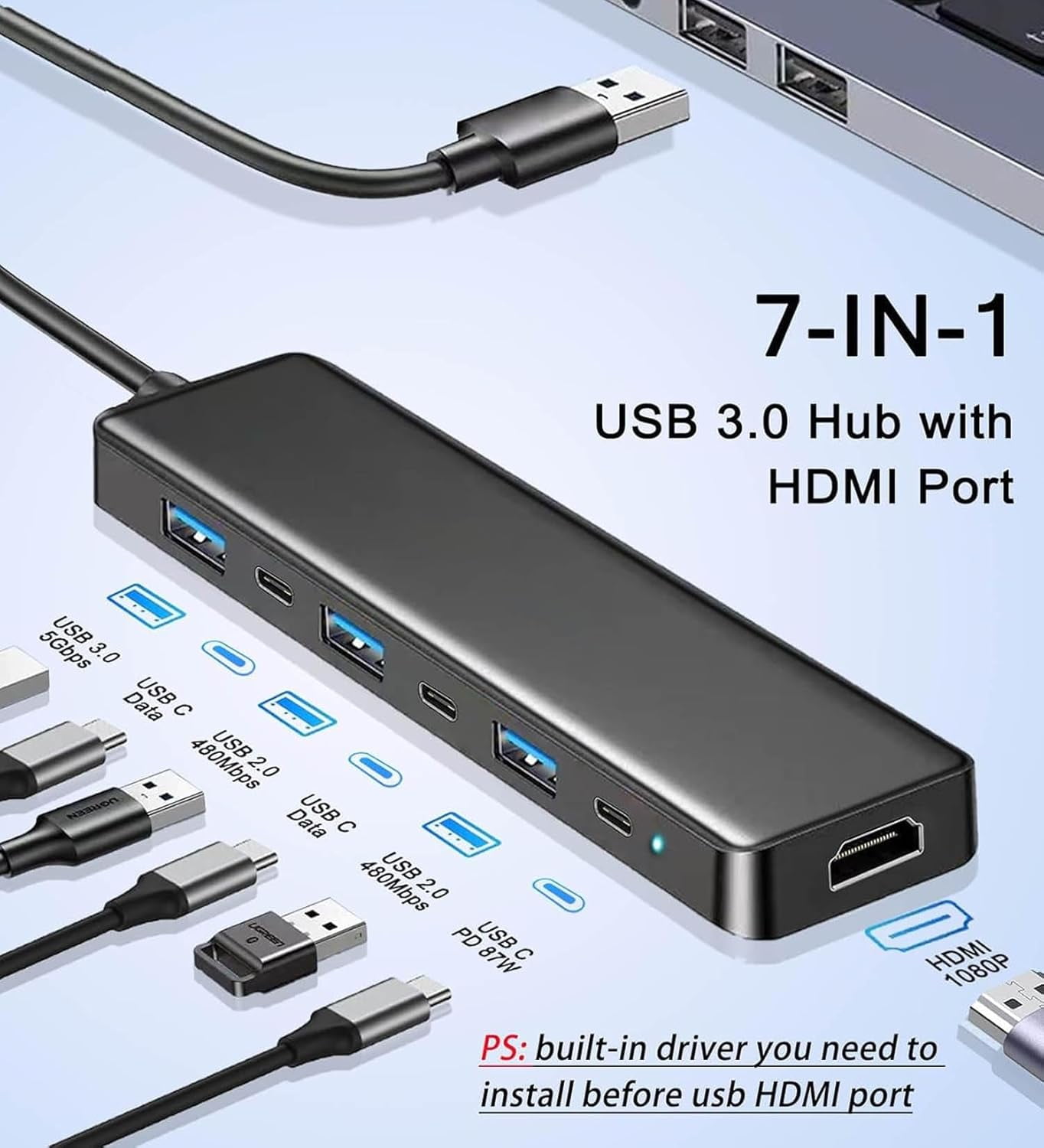 XUERUI-VIENON USB 3.0 to HDMI Adapter (7-in-1), USB 3.0 Hub with HDMI ...