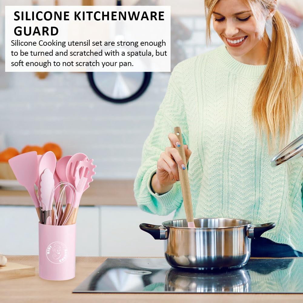 XUERUI-Vivicreate Silicone Cooking Utensils Set Wooden Handles Holder ...