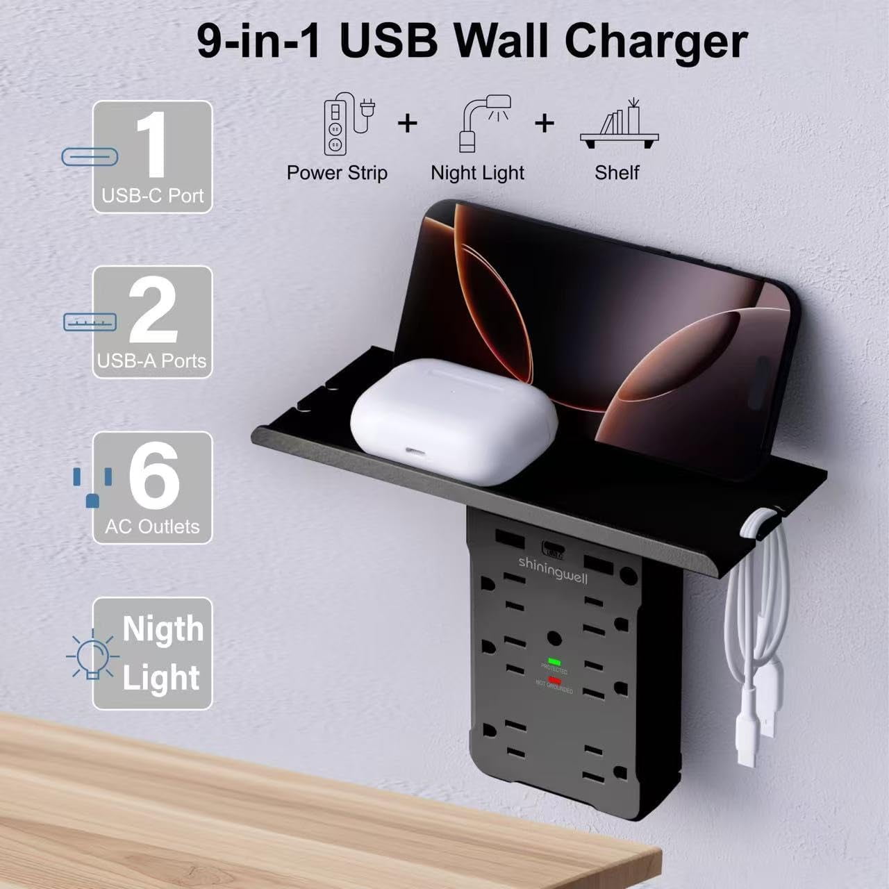 XUERUI-Wall Outlet Extender with Shelf and Night Light, Surge Protector ...