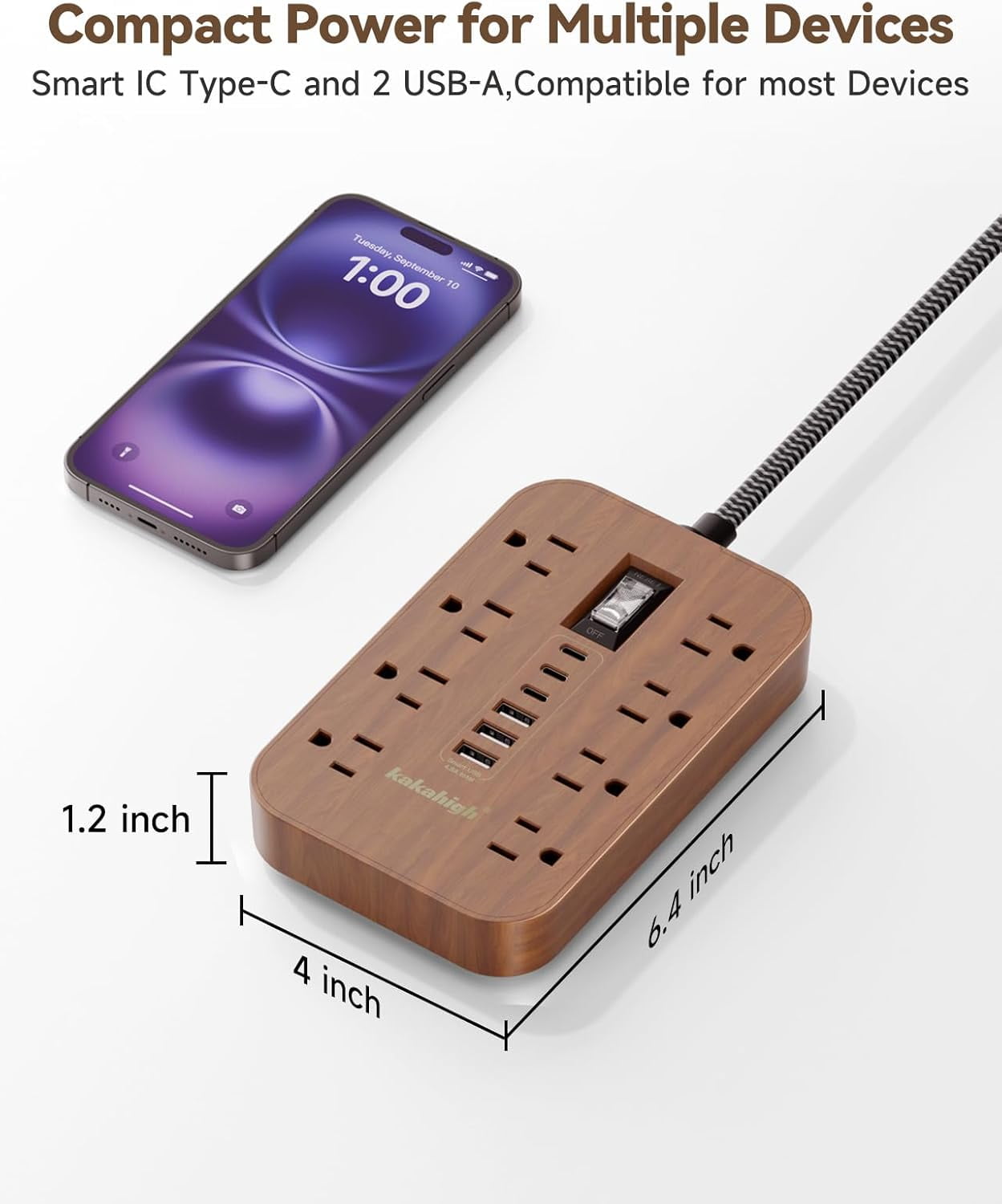 XUERUI-Walnut Power Strip with USB Ports - 5 FT Wood Power Strip, 1625W ...