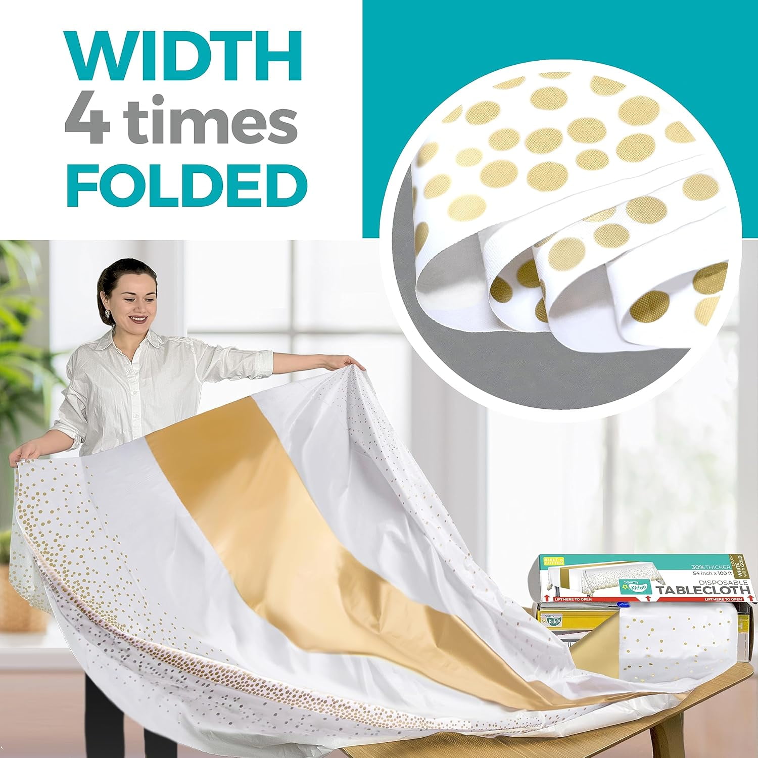 XUERUI-White and Gold Plastic Tablecloth Roll 54in x 100ft with Built ...
