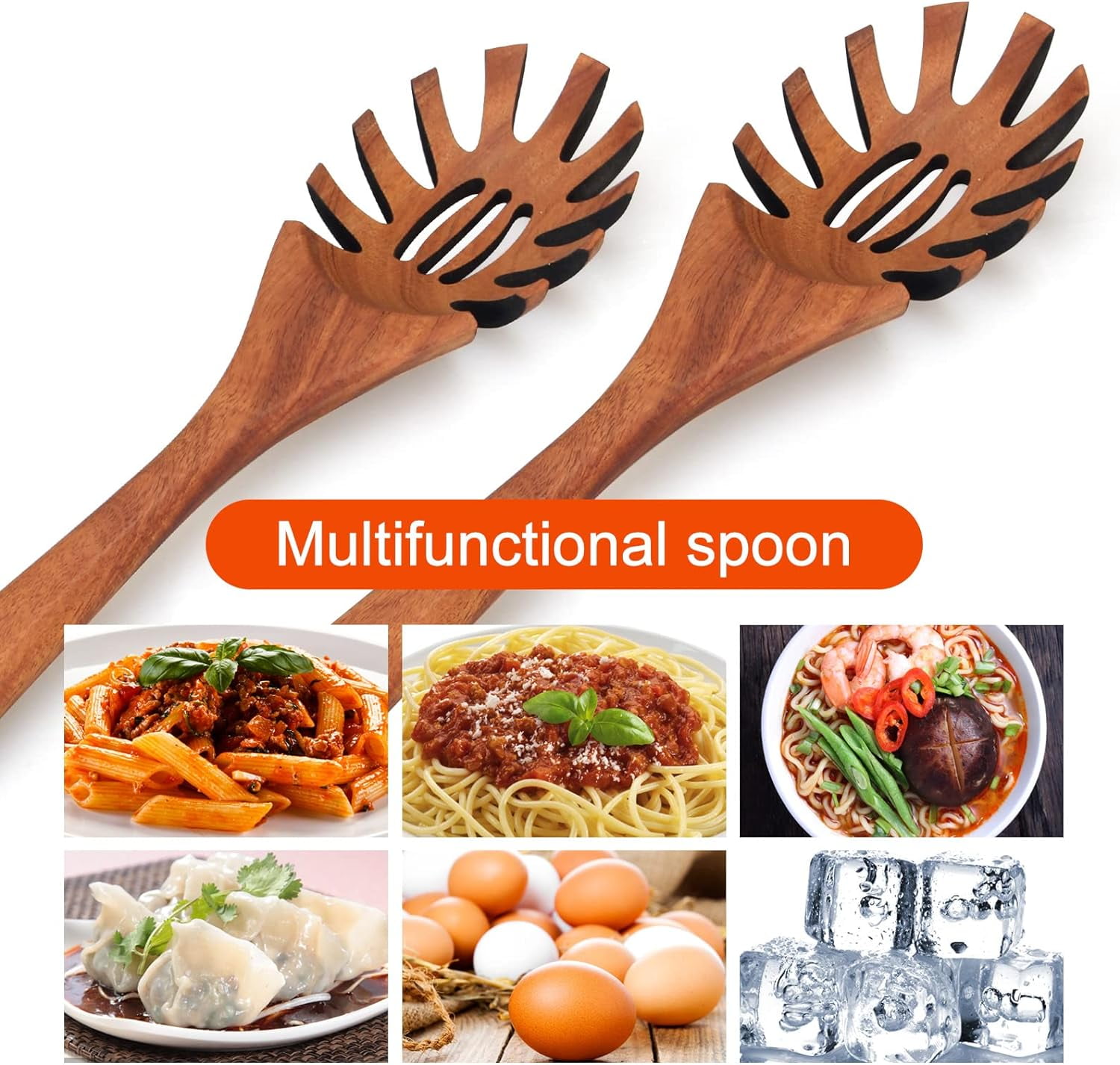 XUERUI-Wooden Pasta Spoon with Teeth Spaghetti Fork Tongs 12.5 Inch ...