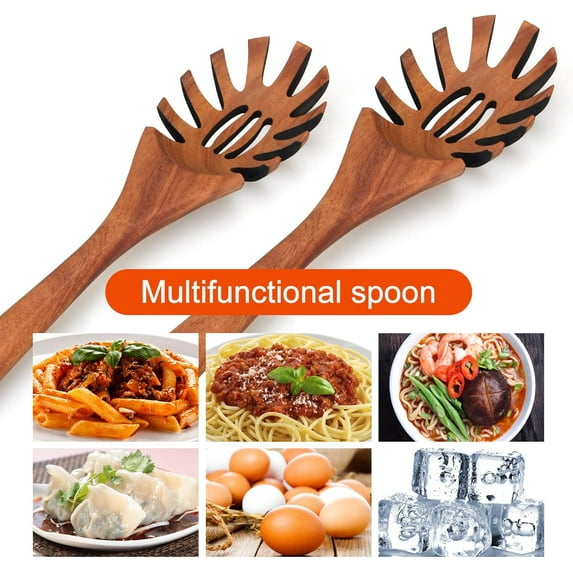 XUERUI-Wooden Pasta Spoon with Teeth Spaghetti Fork Tongs 12.5 Inch ...
