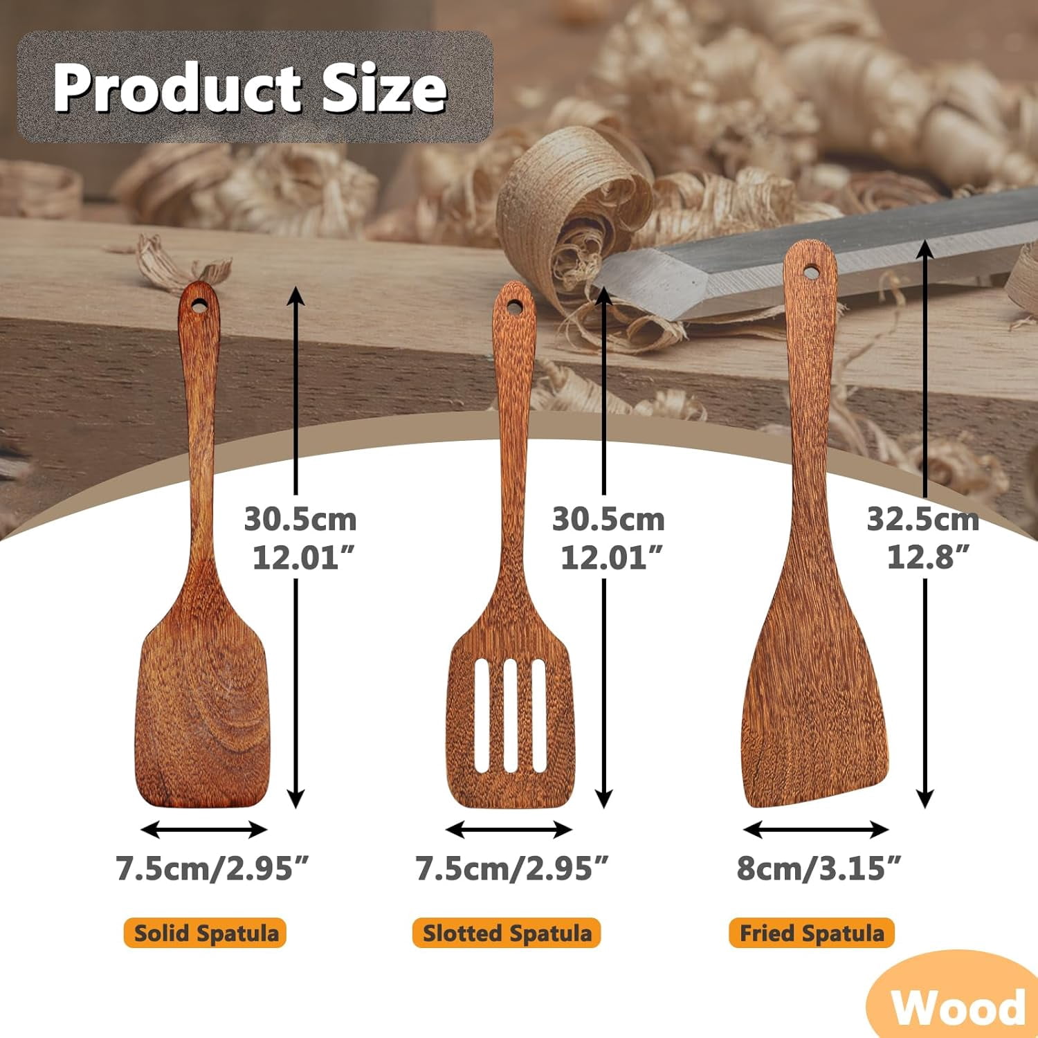 XUERUI-Wooden Spatula Set of 3, 12 Inch Natural Long Handle Flat Frying ...