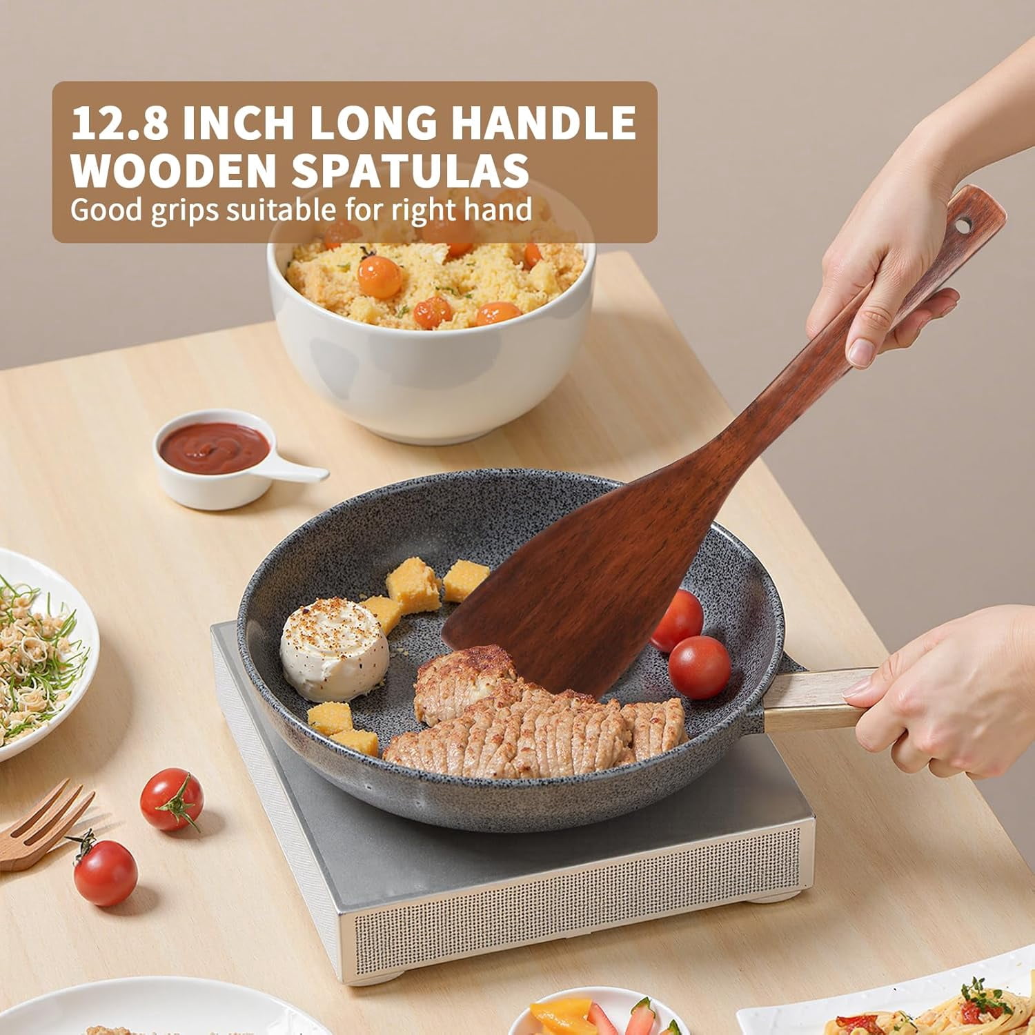 XUERUI-Wooden Spatula for Cooking, Long Handle Corner Spatulas for ...