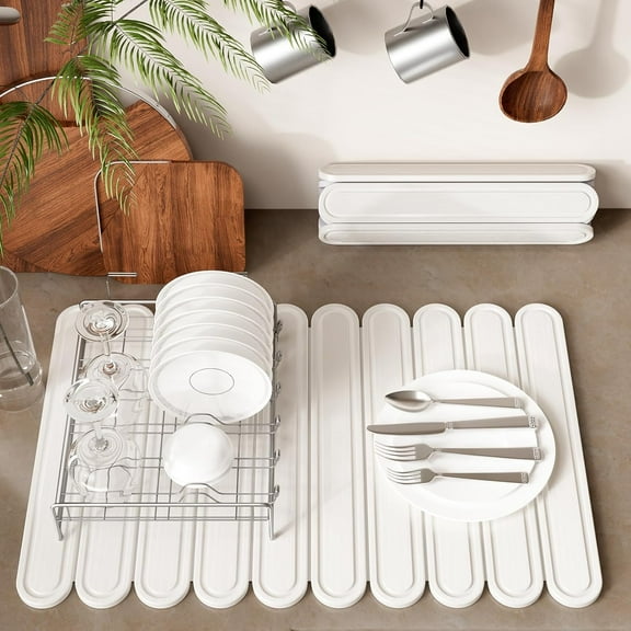 2-In-1 Stone Dish Drying Mat Set For Kitchen Counter. Collapsiable ...