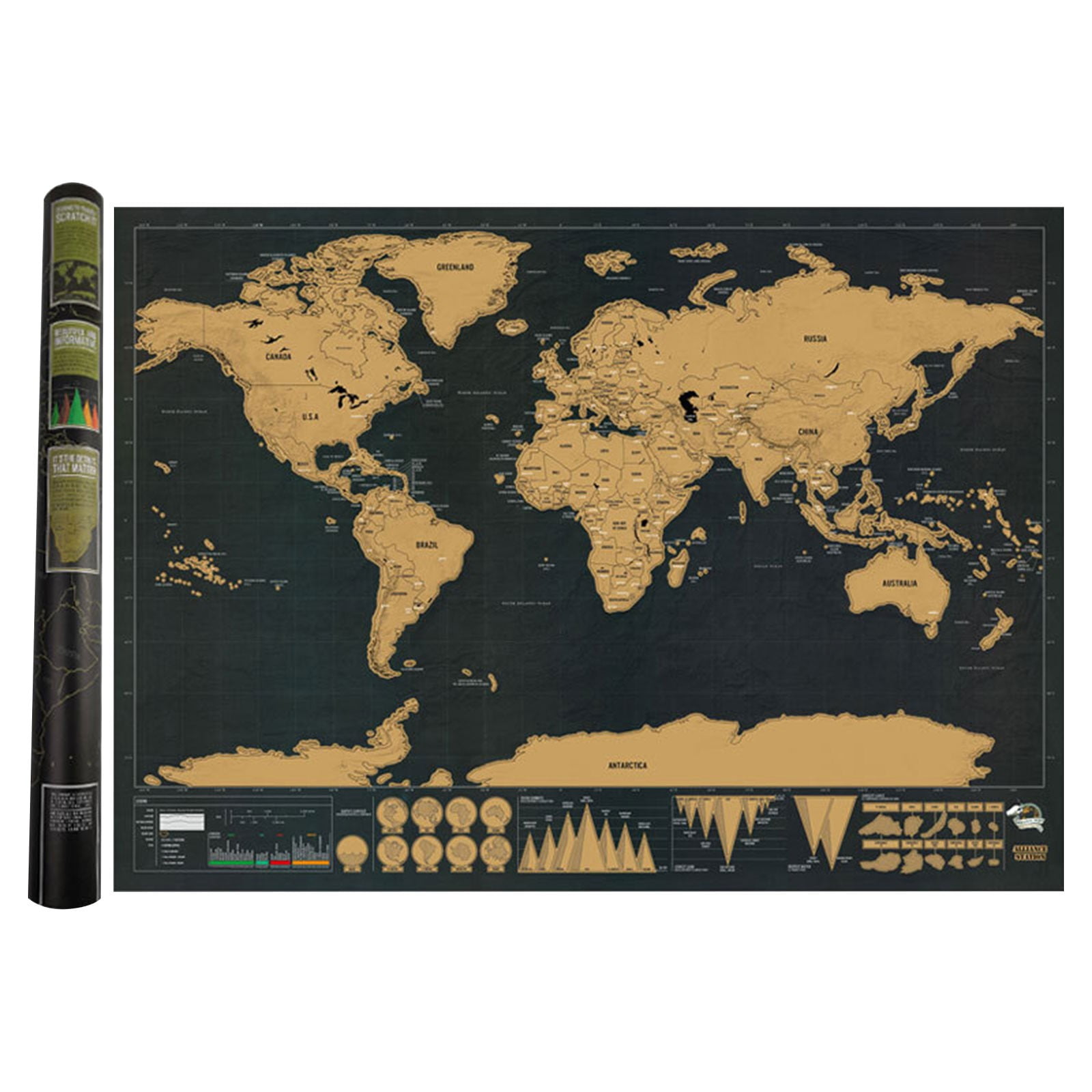 XUFLVPSEF Detailed Scratch off World Map Poster Black and Gold ...