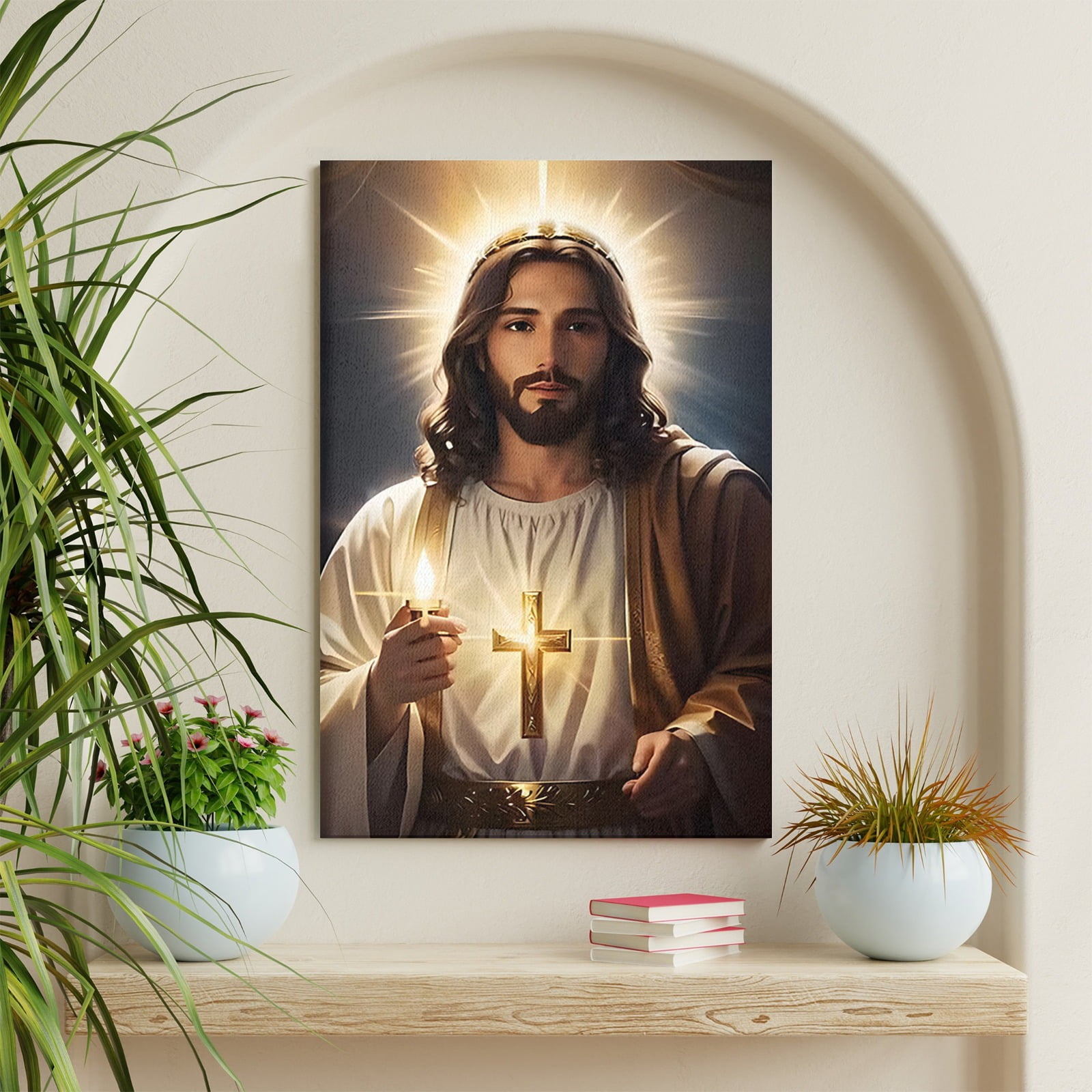 XUFX Catholic Jesus Lights Candles Wall Art God Print on Canvas Jesus ...
