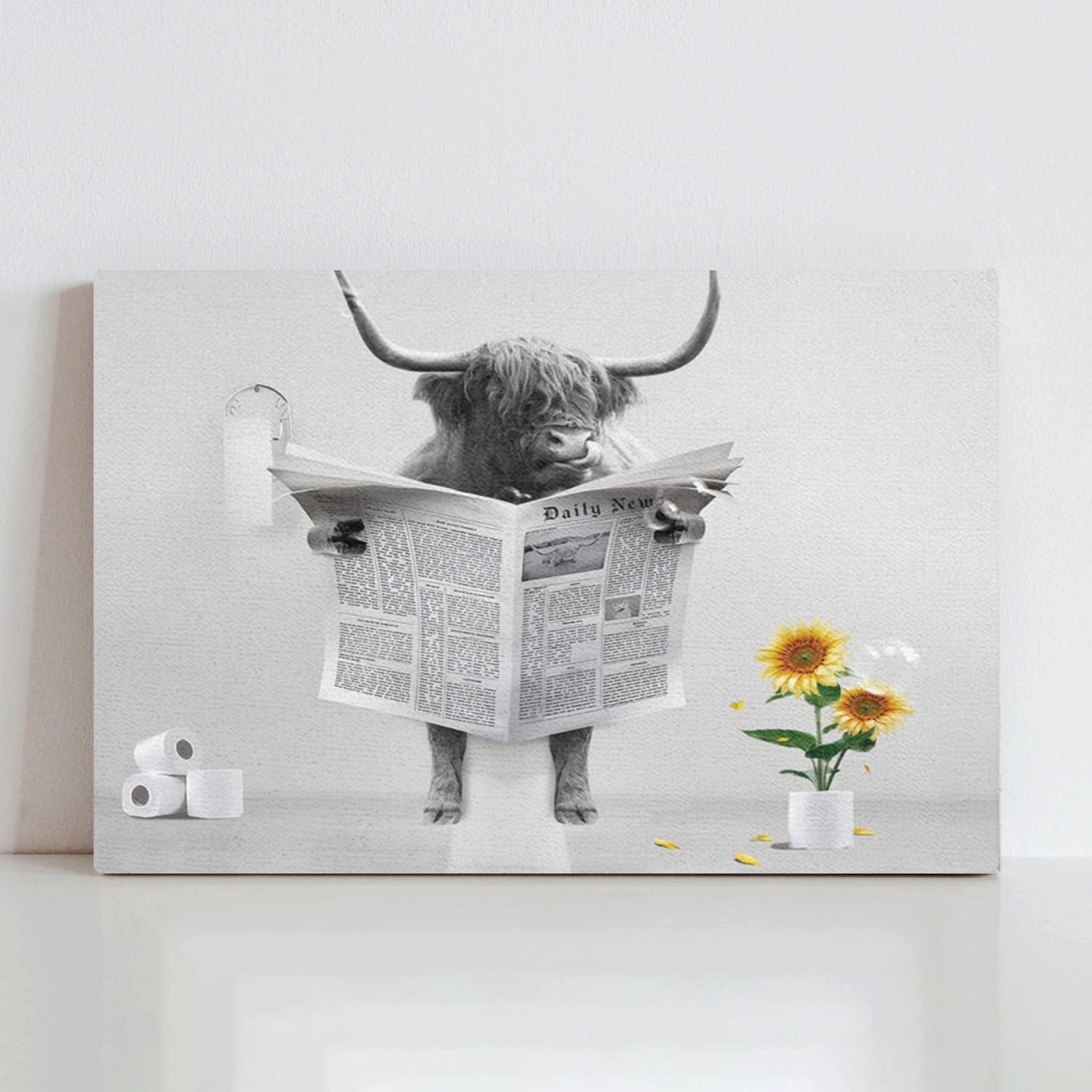 Xufx Cow Reading Newspaper Toilet Canvas Wall Art Black And White