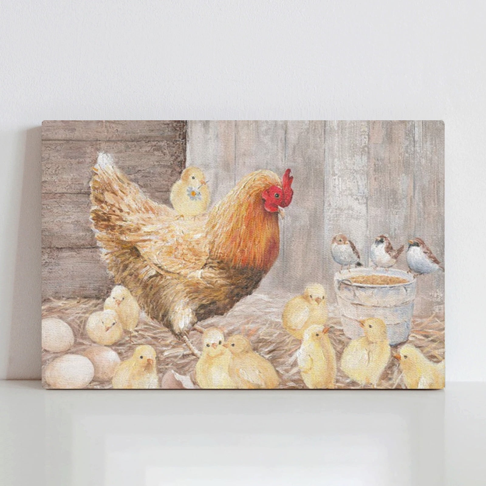XUFX Farmhouse Wall Art Rooster Print: Hen Painting Small Born Chicks ...