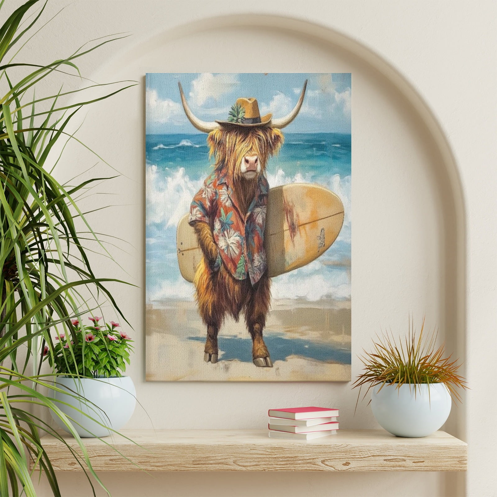 XUFX Funny Highland Cattle Wall Art Highland Cow on Beach with a ...