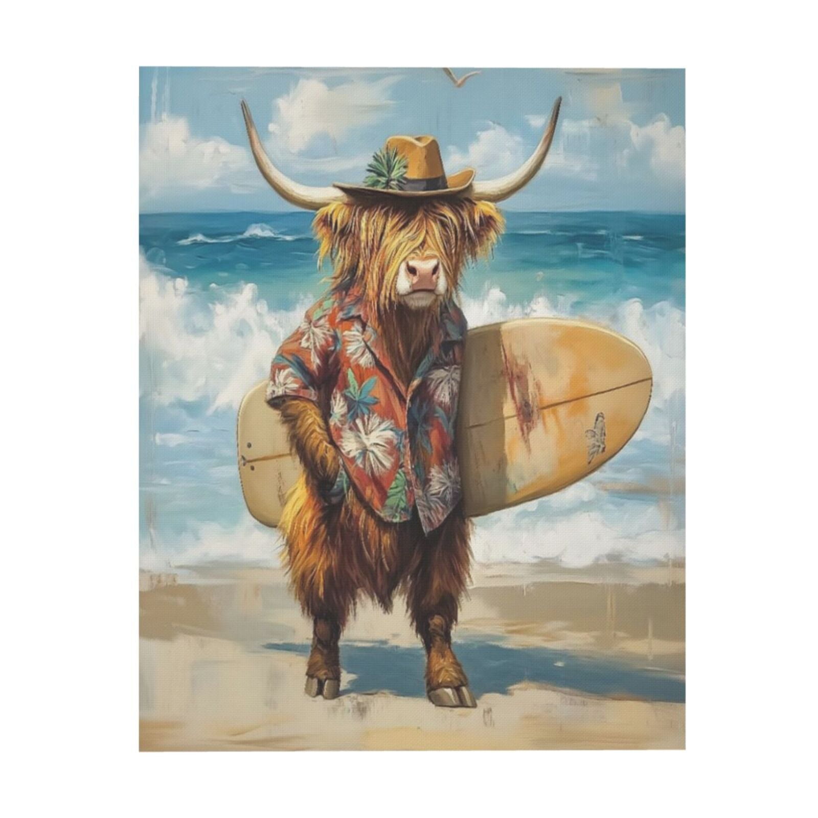 XUFX Funny Highland Cattle Wall Art Highland Cow on Beach with a ...