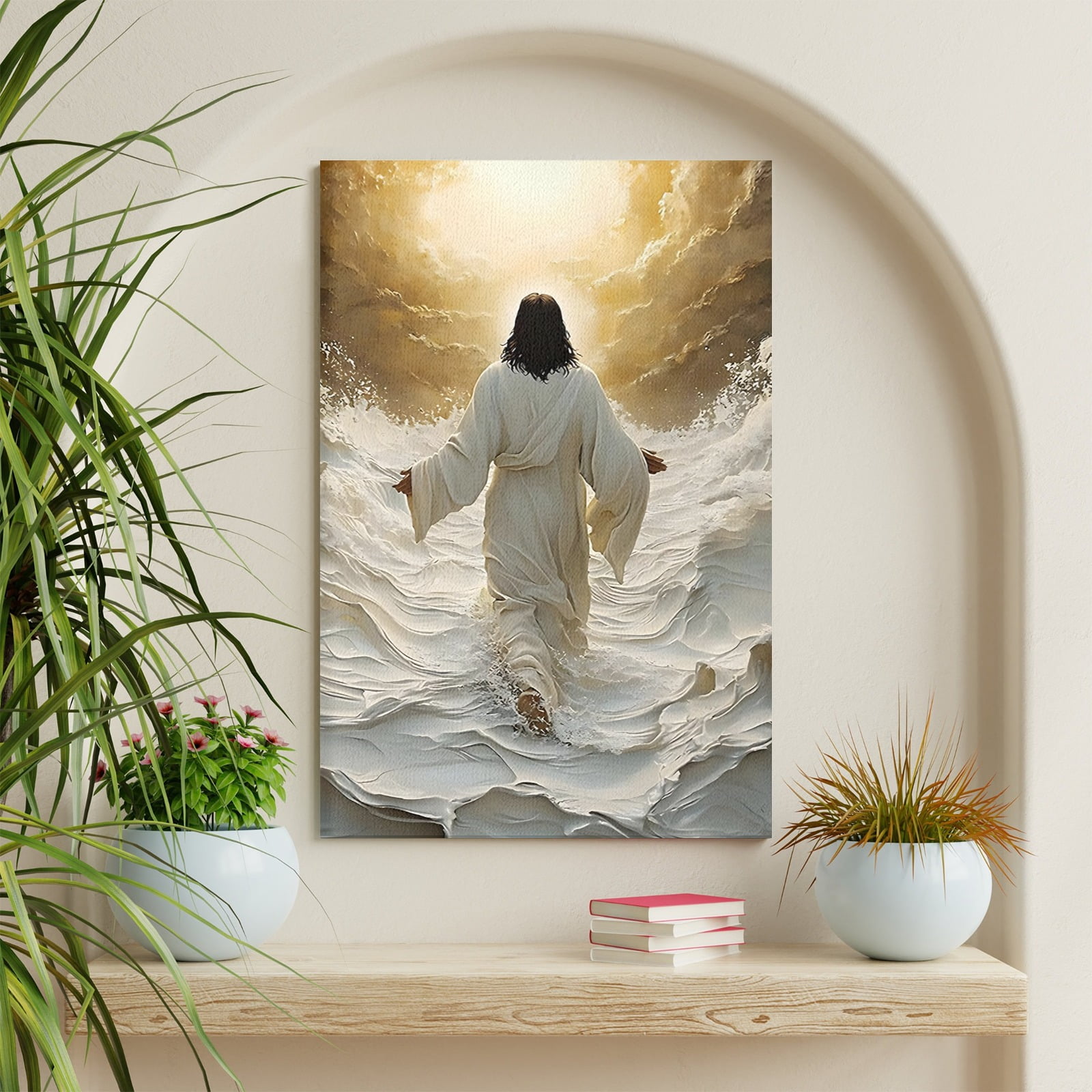 XUFX Gold and White Jesus Wall Art Jesus Walking on Water Canvas ...