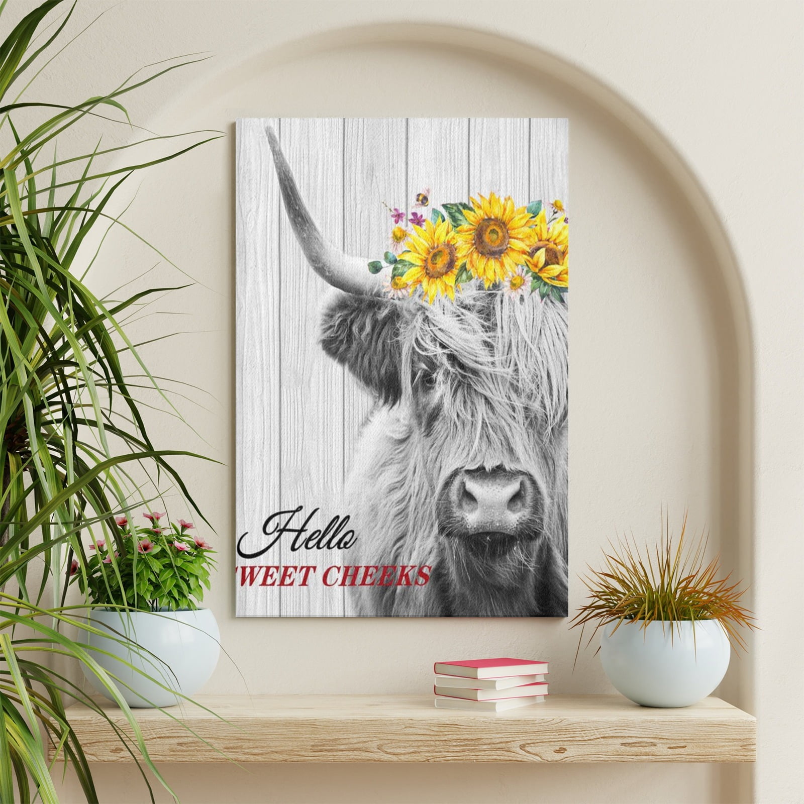 XUFX Highland Cow and Sunflower Bathroom Decor Canvas Wall Art Cute Black and White Cow Hello ...