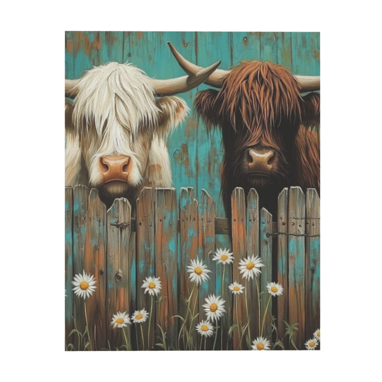 XUFX Highland Cow Wall Art Cattle White Daisy Wooden Fence Canvas Print ...