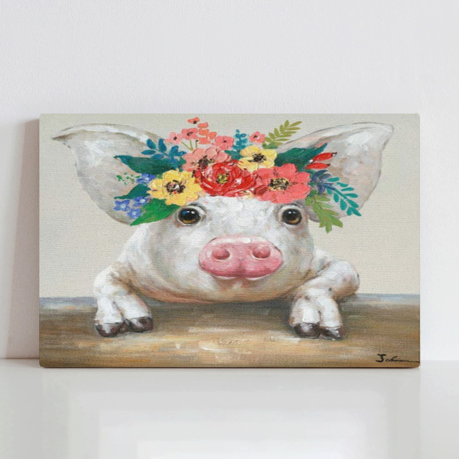 XUFX Pig Canvas Picture Wall Art: Rustic Floral Crown Wall Decor Farm ...