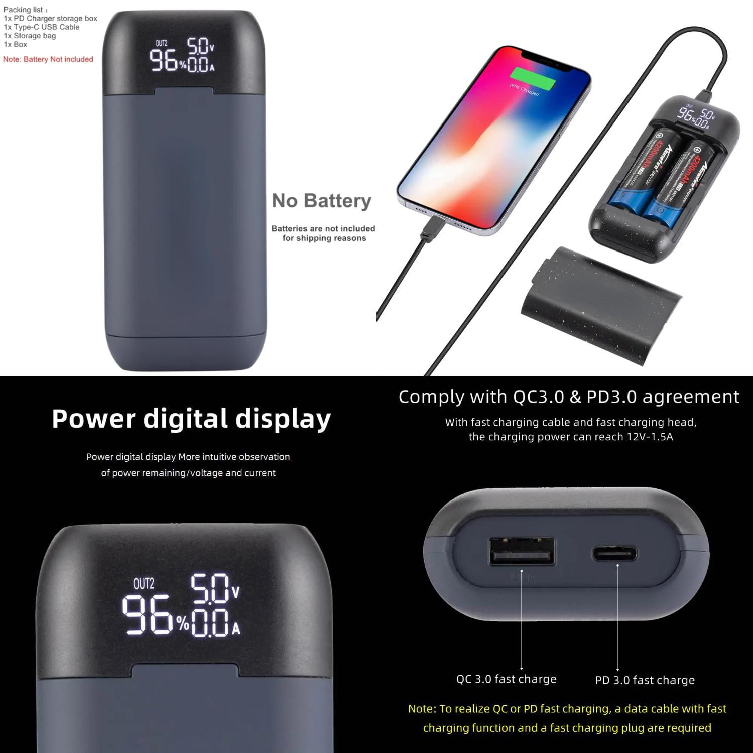 XULHAN Portable Digital Display Smart 2A 5V USB Charger for 18650 21700 ...