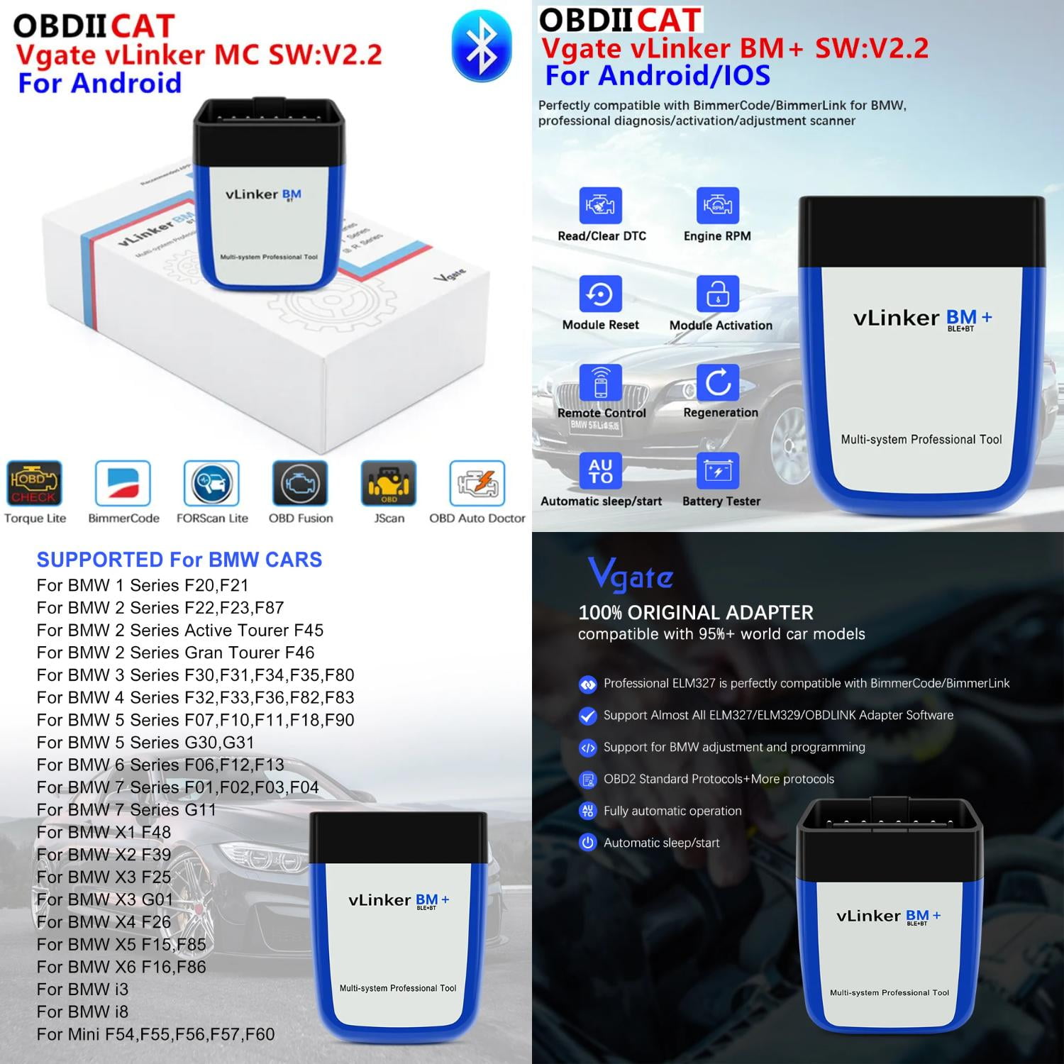 XULHAN Upgrade To Enhanced Version 1.5 VLinker BM+ ELM327 OBD2 Car ...