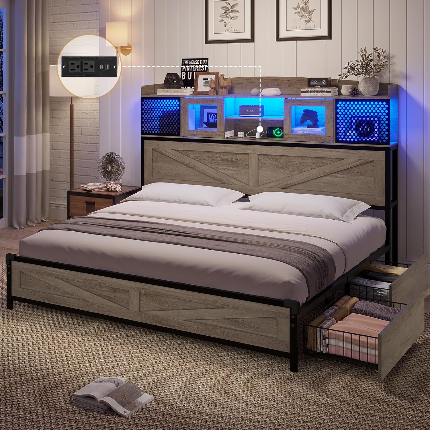 XULIU Farmhouse LED Bed Frame Queen Size with Drawers and Storage ...